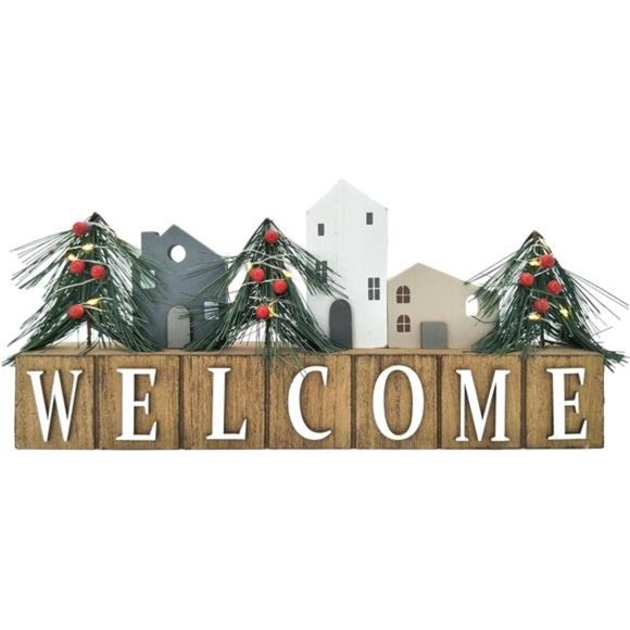 Holiday | Led Welcome Christmas Tree Sign Wooden Rustic Farmhouse Block ...